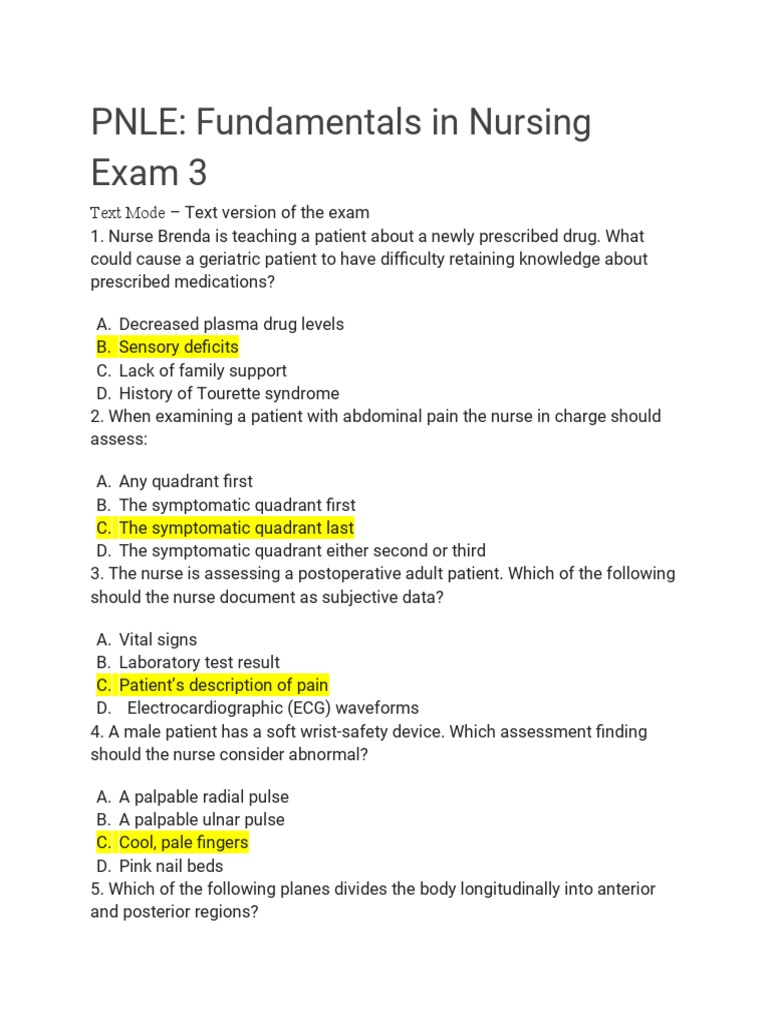 PNLE - Fundamentals in Nursing Exam 3 | PDF