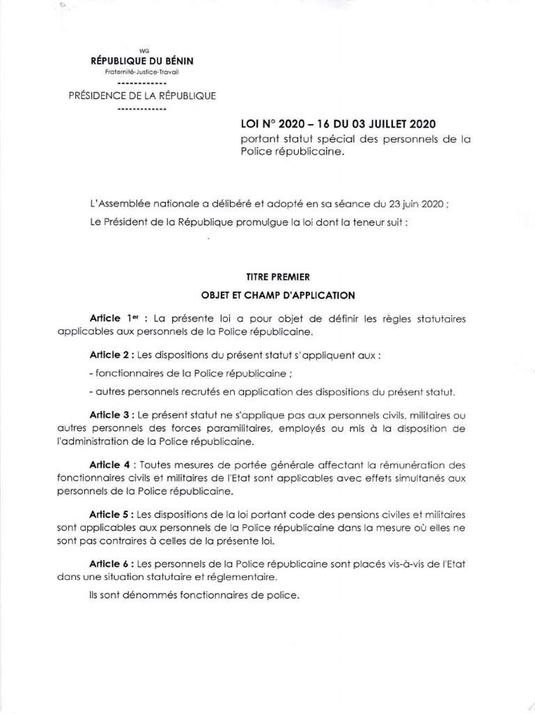 Loi 2020-16 : Statut des policiers au Bénin | PDF | Finance et gestion ...