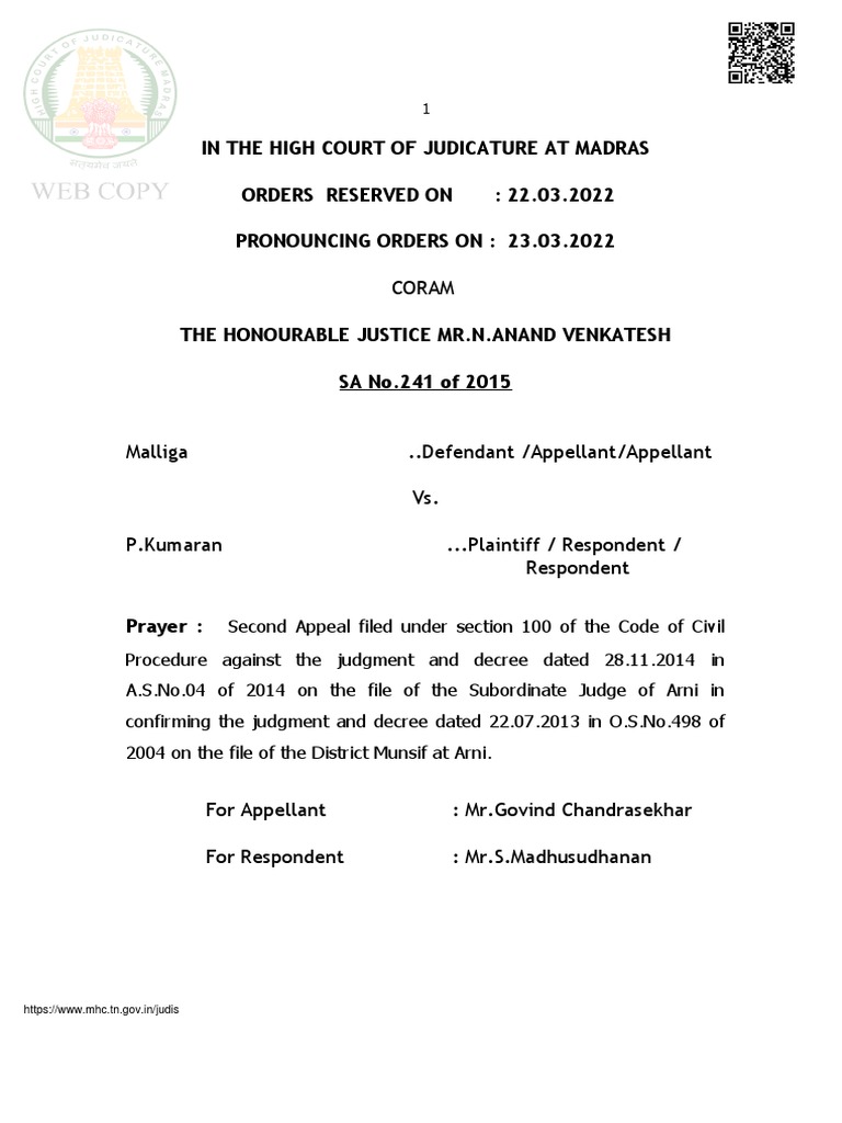 Malliga V P Kumaran 2022 Livelaw Mad 118 413019 | PDF | Lawsuit ...