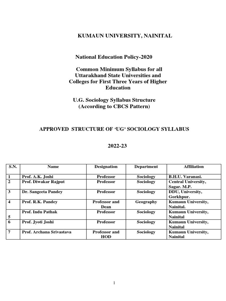 NEP 2020 Syllabus UG Sociology | PDF | Sociology | Gender