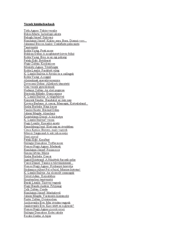 Versek Szavaloversenyre-Szerzo Es Cimek | PDF