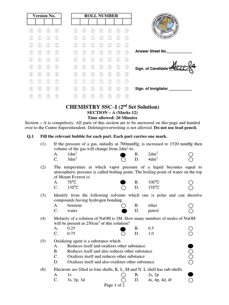 Chemistry SSC-I Slo Solution of 2nd Set Model Question Paper | PDF ...