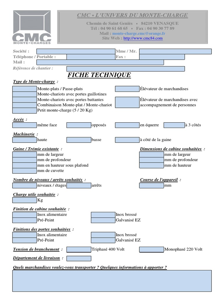 Fiche Technique Monte-Charge CMC | PDF | Maison et jardin