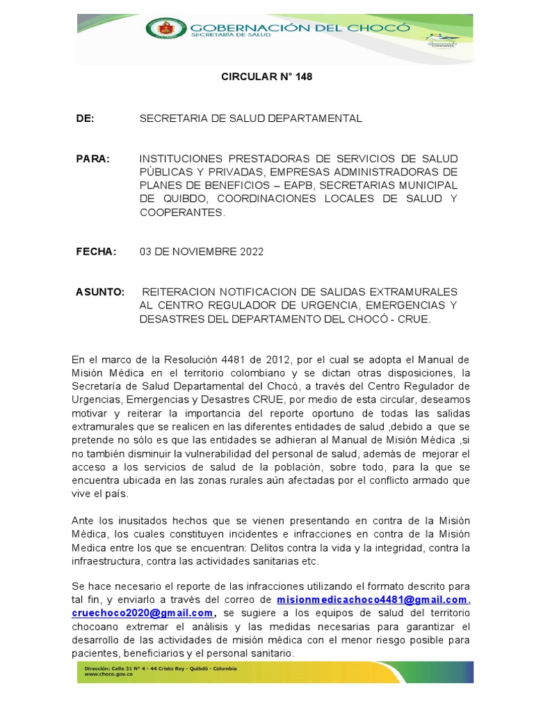 Circular 148 Reiteracion Notificacion de Salidas Extramurales Al Centro ...