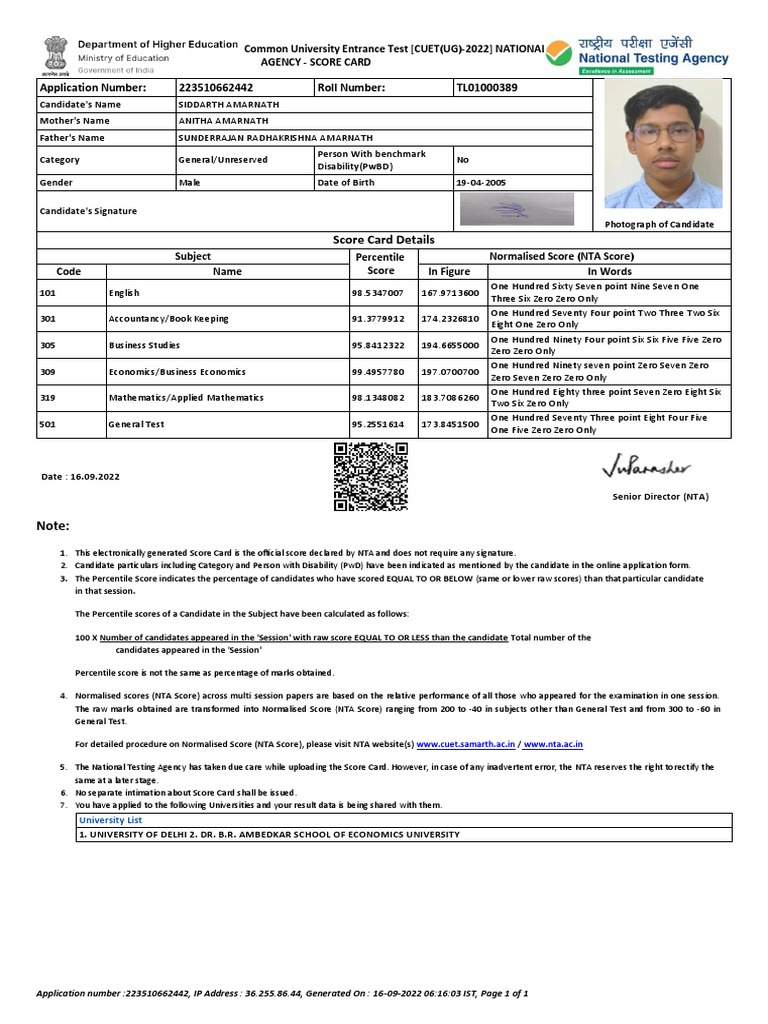 CUET Score Card 2022 | PDF