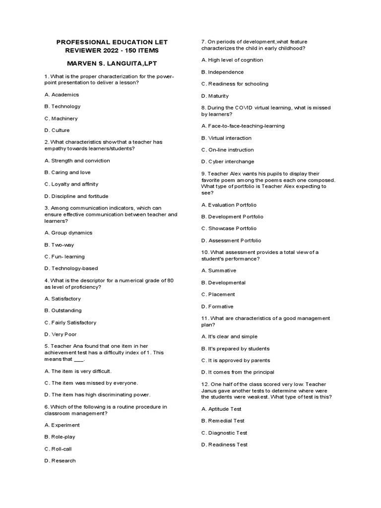 LET Professional Education Reviewer 2022 | PDF | Learning | Teachers