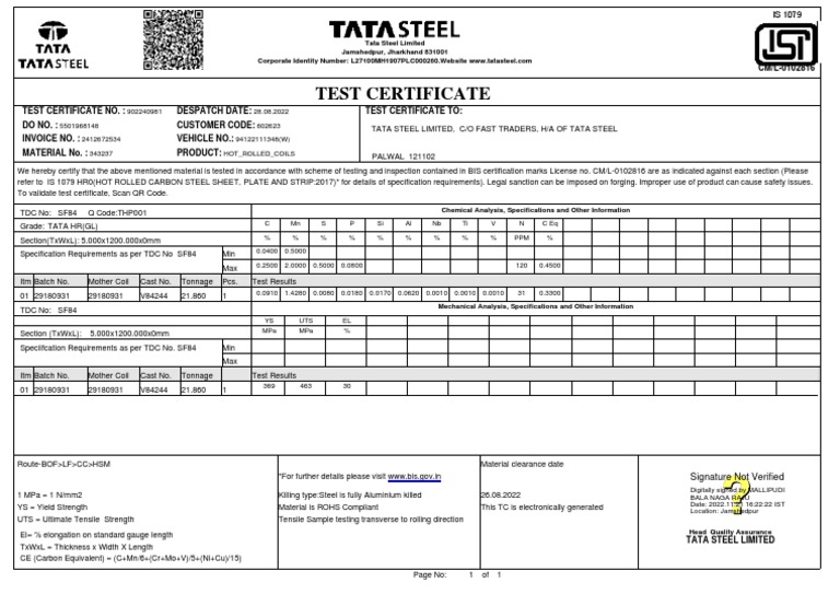 Test Certificate: Signature Not Verified | PDF | Steel | Ultimate ...