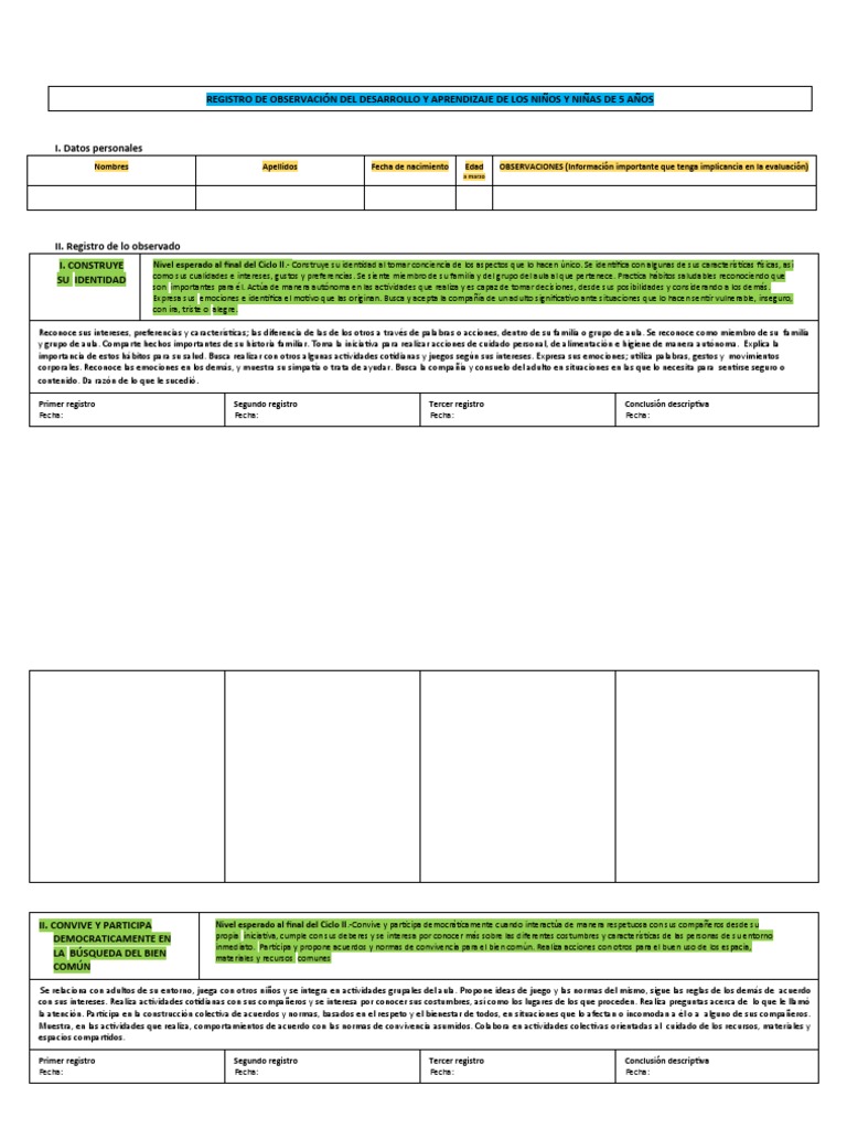 Ficha 7 de Registro de Observación Del Desarrollo y Aprendizaje de Los Niños y Niñas de 5 Años ...