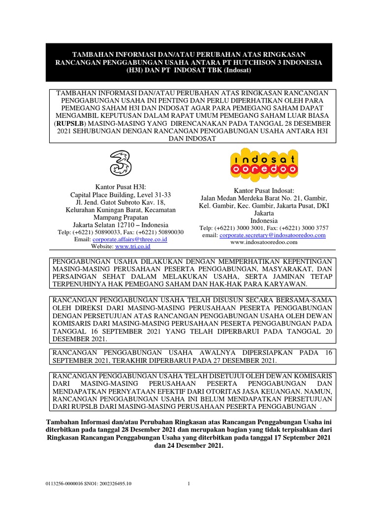 Rancangan Penggabungan H3I dan Indosat | PDF