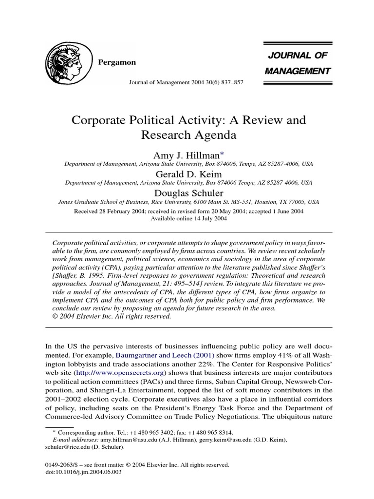 Corporate Political Activity: A Review and Research Agenda: Amy J ...