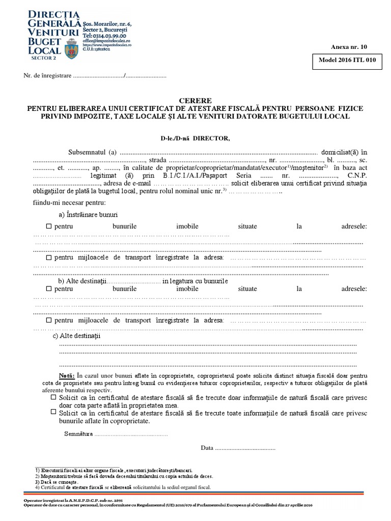 ITL010 Cerere Certificat Fiscal PF-2021 | PDF