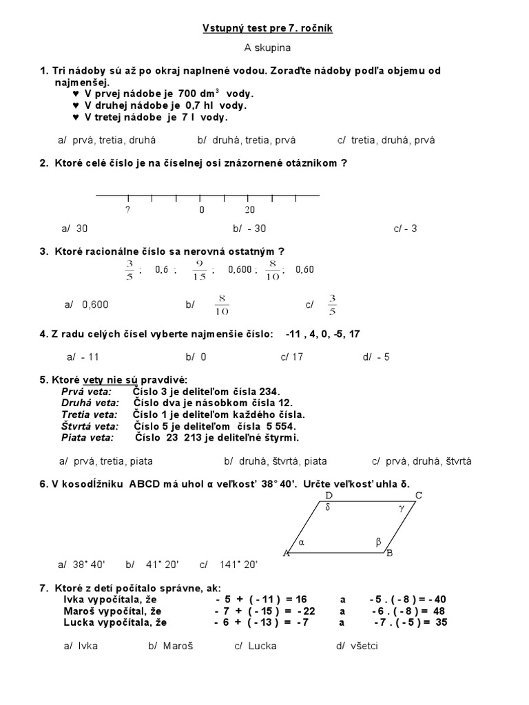 Vstupny Test Pre 7 Rocnik | PDF