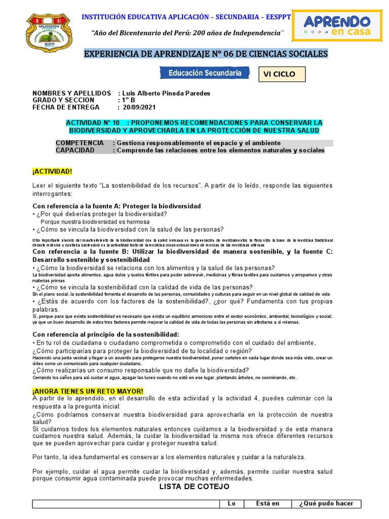 Ficha de Trabajo 10 - CCSS | PDF | Biodiversidad | Sustentabilidad