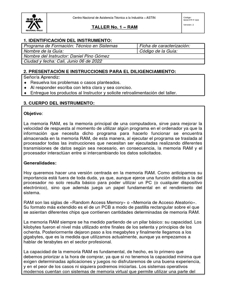 Formato para Taller 9230-FP-F-322 v4 - RAM | PDF | Memoria de acceso ...
