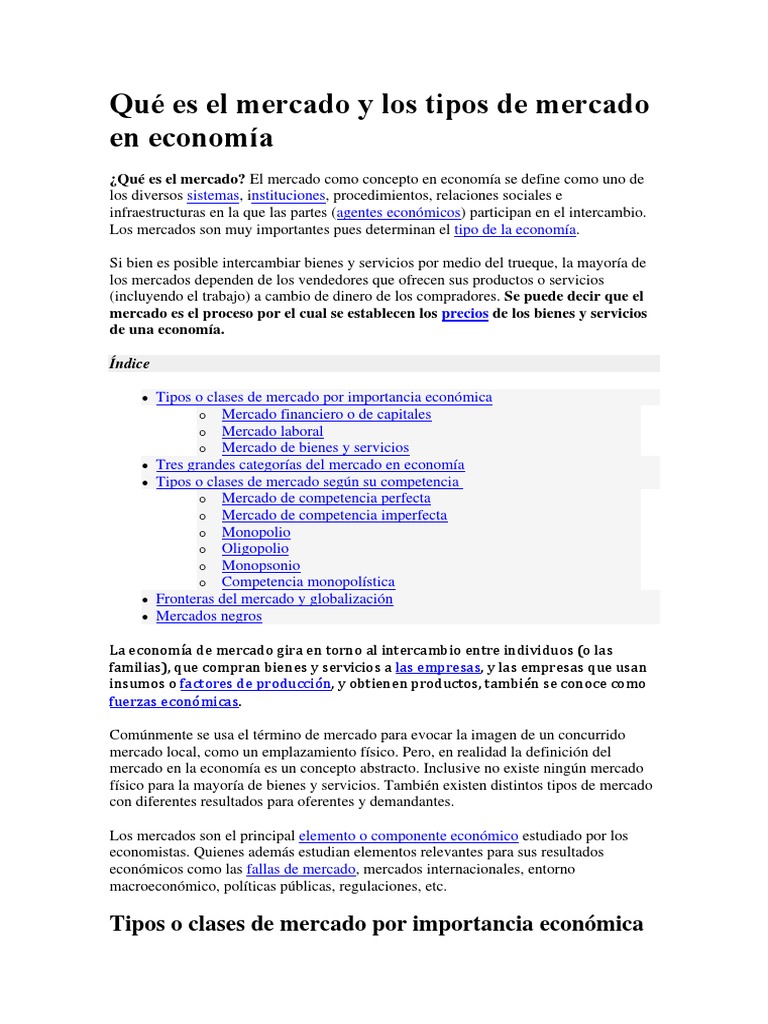 Qué Es El Mercado y Los Tipos de Mercado en Economía | PDF
