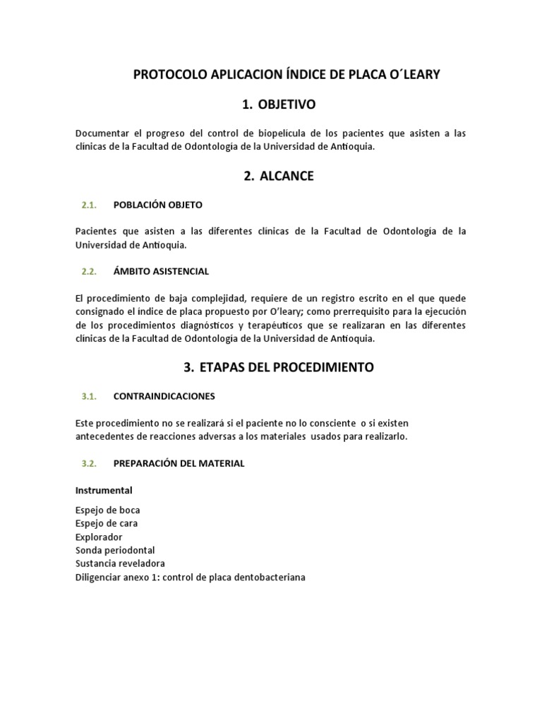 Protocolo Indice de Placa O' Leary | PDF | Odontología | Cuidado de la ...