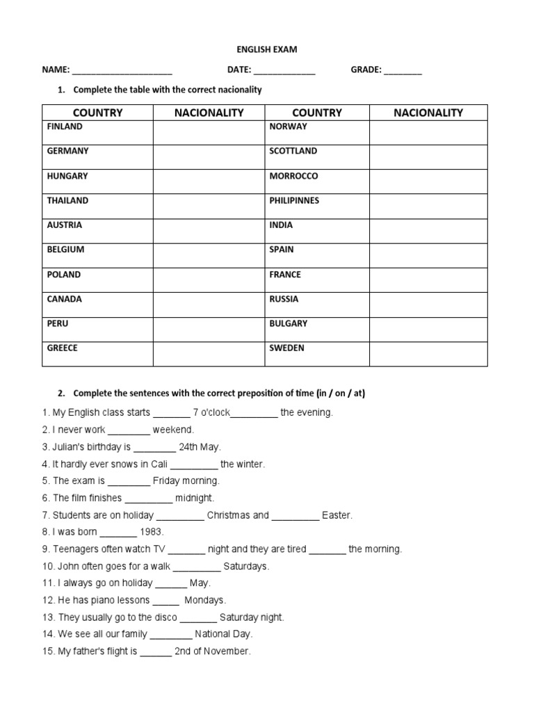 English Exam Preposition Time 10° | PDF