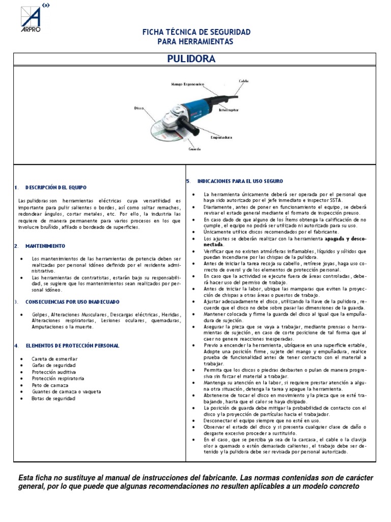 Anexo 3. Ficha Técnica Pulidora | PDF