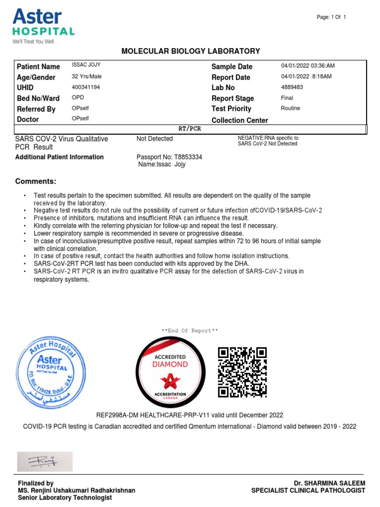 COVID-19 PCR Test Results for Issac Jojy | PDF | Science & Mathematics