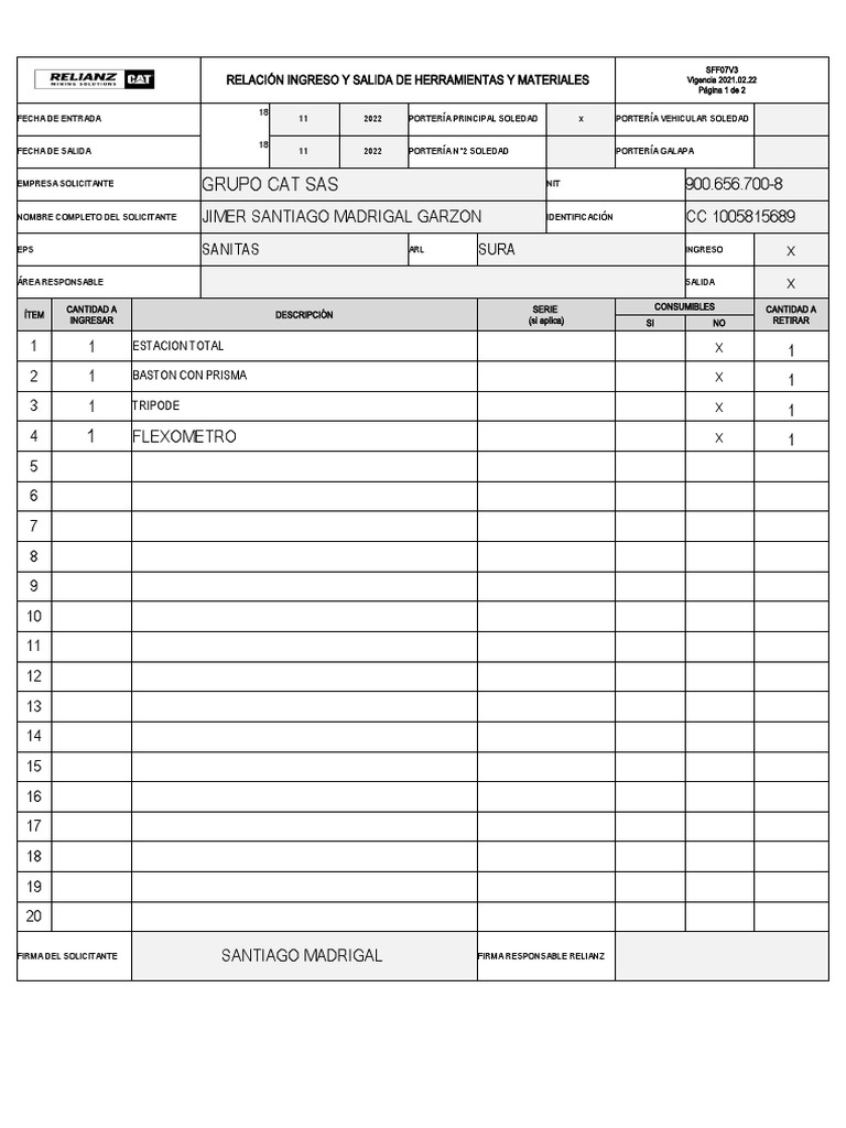 Ingreso y Salida de Herramientas y Materiales Grupo Cat Topo 18112022 | PDF