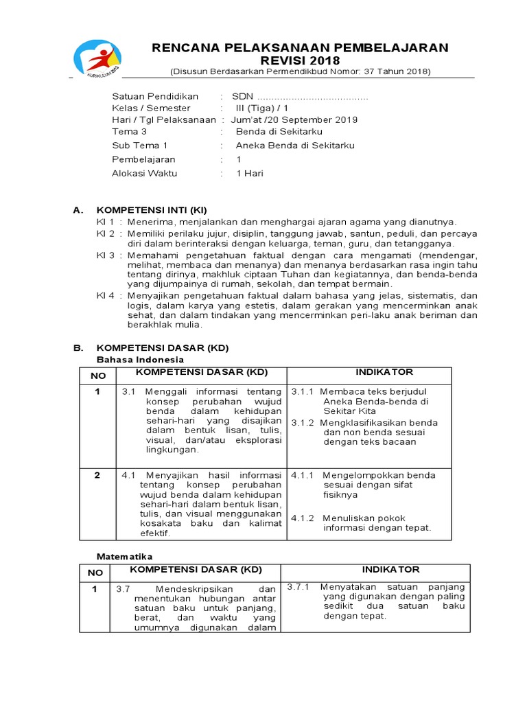 RPP K3 Tema 3 ST 1 Rev. 2018 | PDF