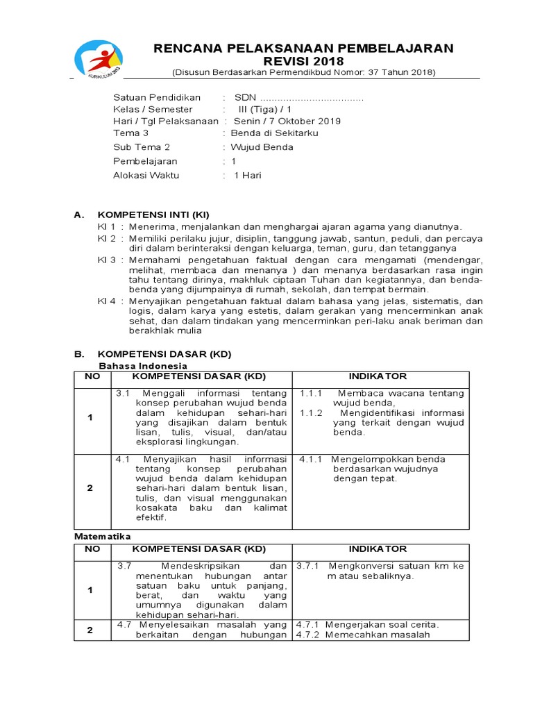 RPP SD Kelas 3: Wujud Benda | PDF | Sains & Matematika