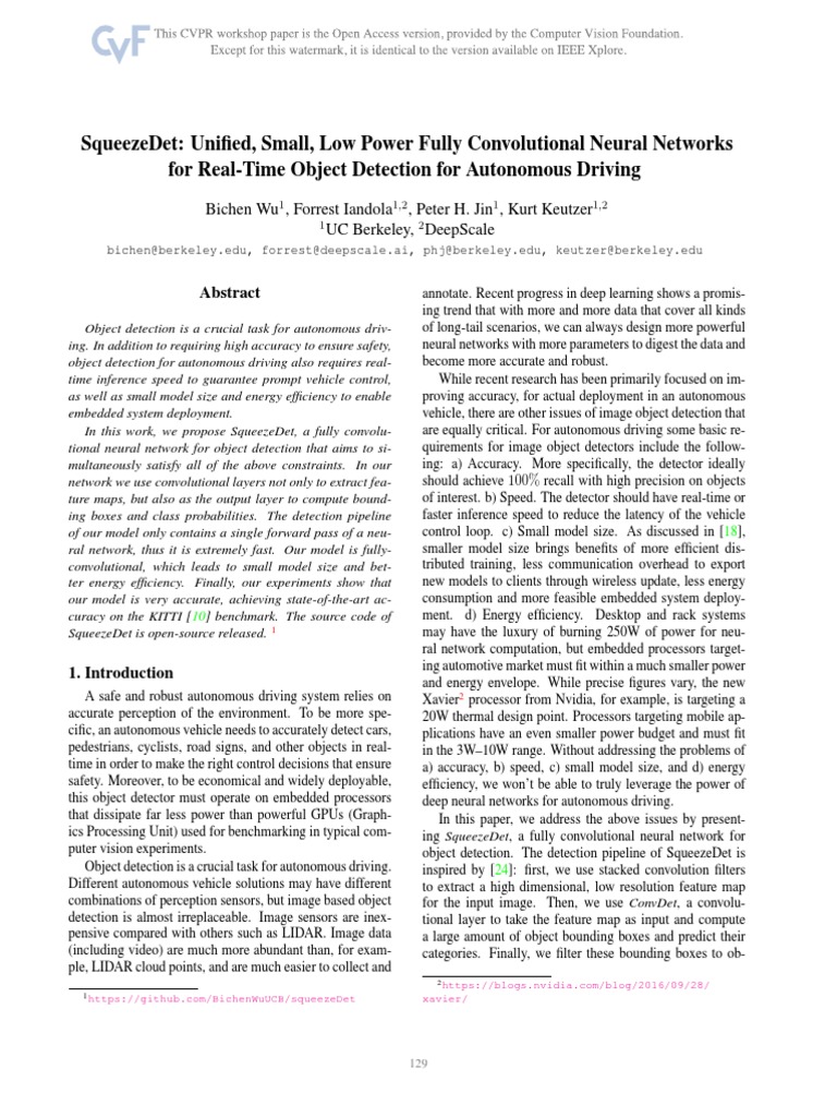 SqueezeDet - Unified, Small, Low Power Fully Convolutional Neural Networks For Real-Time Object ...