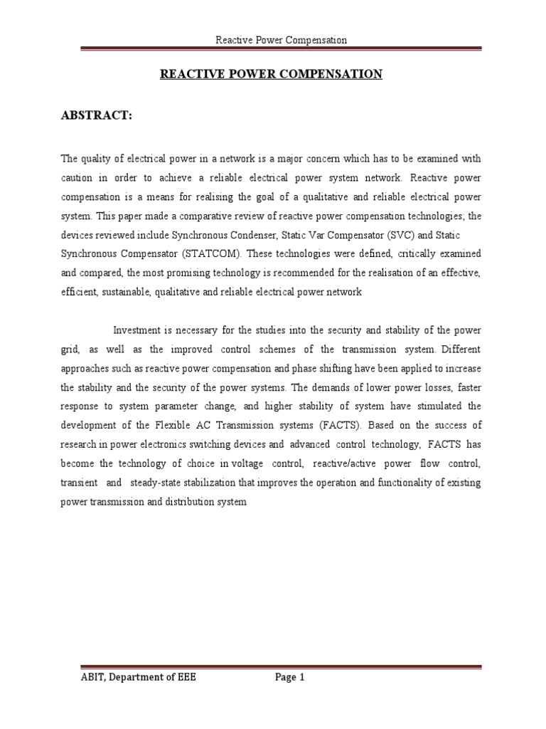 Study of Reactive Power Compensation | PDF | Ac Power | Electric Power