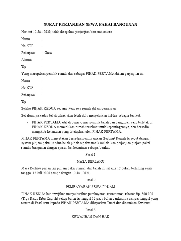 Surat Perjanjian Sewa Pakai Bangunan | PDF