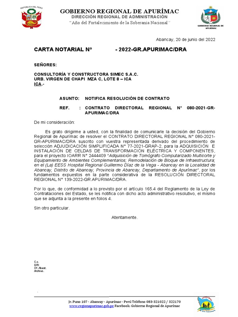 CARTA NOTARIAL - Notifica Resolución de Contrato | PDF