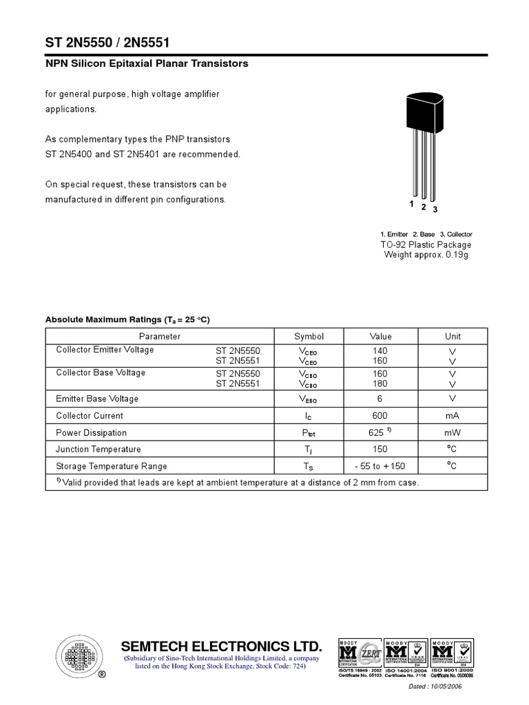 ST 2N5550 / 2N5551: NPN Silicon Epitaxial Planar Transistors | PDF ...