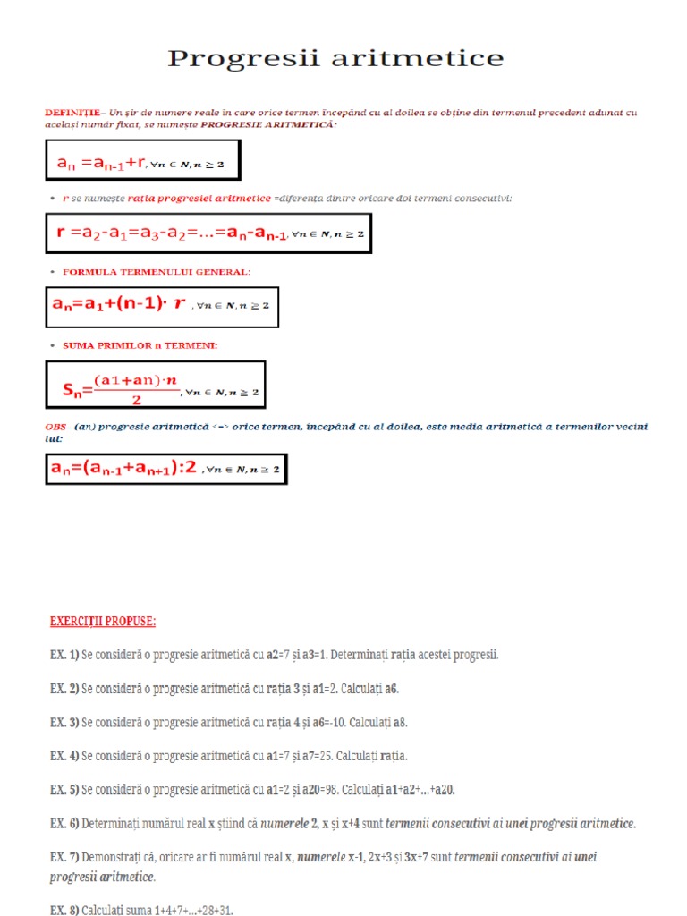 Progresii Aritmetice - Formule Si Exemple Rezolvate | PDF