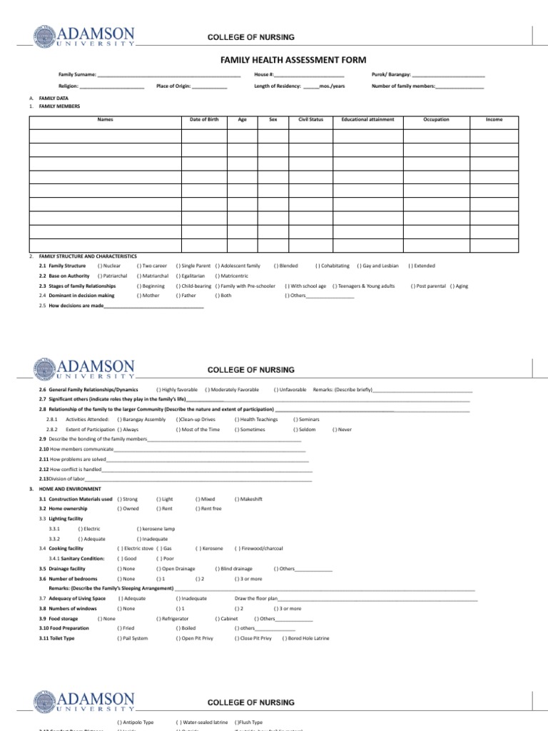 Adu Con CHN 1 Family Health Assessment Form | PDF | Family | Pregnancy