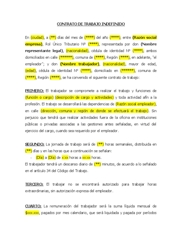 Modelo de Contrato de Trabajo Indefinido | Descargar gratis PDF | Salario
