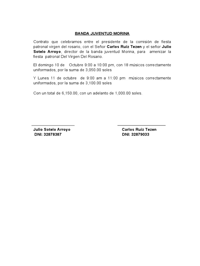 Contrato de Banda Juventud Morina (Sra Yuli) | PDF