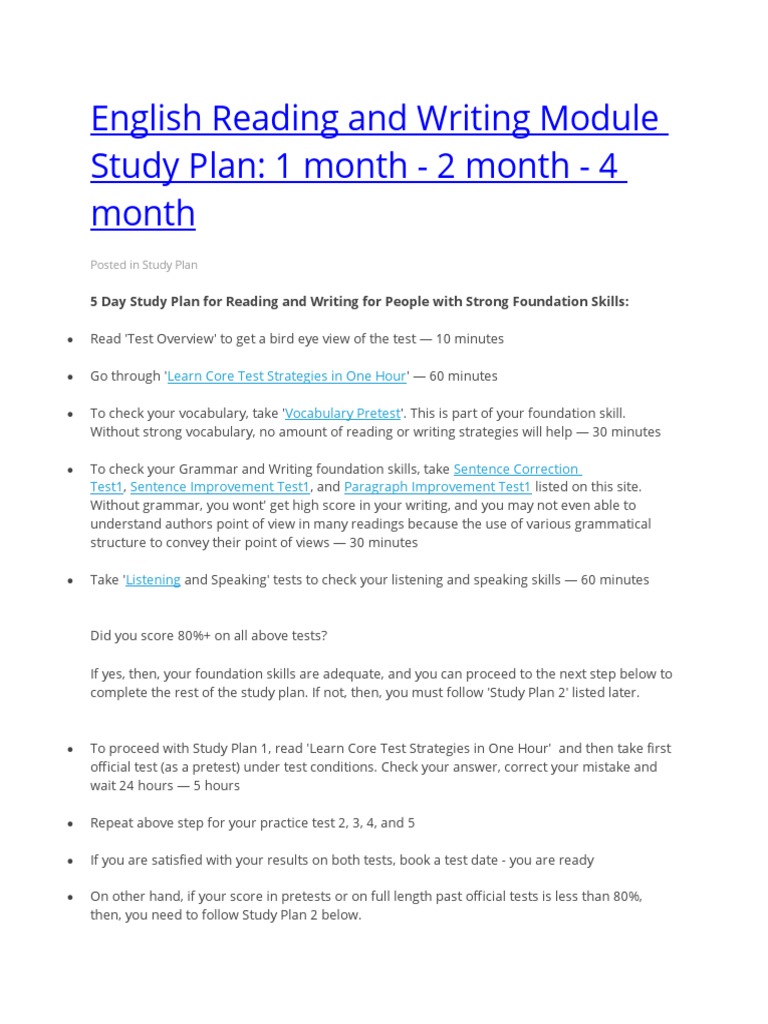 English Reading and Writing Module Study Plan 1 Month - 2 Month - 4 Month | PDF | Grammatical ...