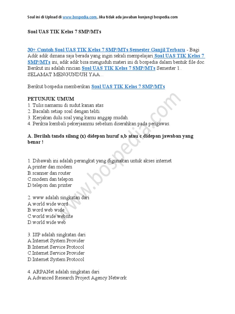 30+ Contoh Soal UAS TIK Kelas 7 SMP MTs Semester Ganjil | PDF | Komputer