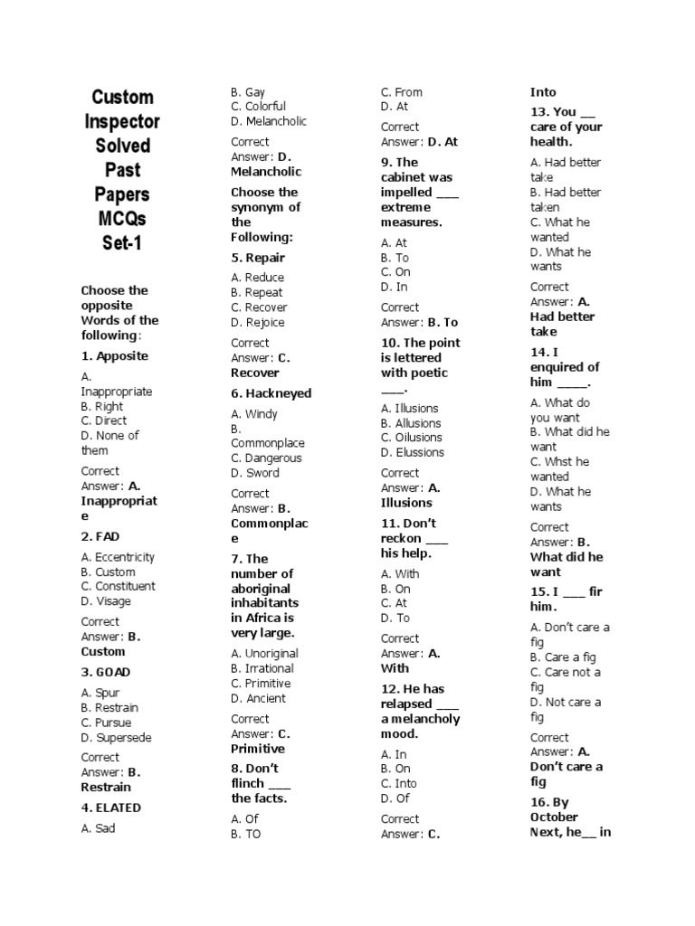 Custom Inspector MCQs Set-1 | PDF | Mass | Chemistry