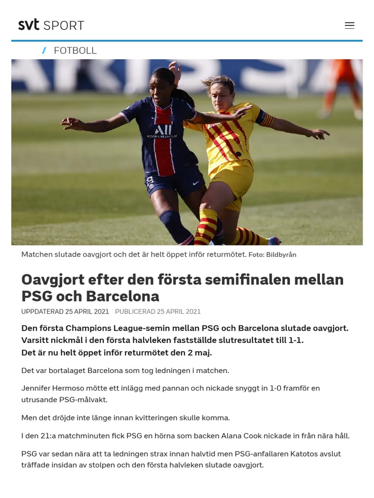 Oavgjort Efter Den Första Semifinalen Mellan PSG Och Barcelona - SVT Sport | PDF