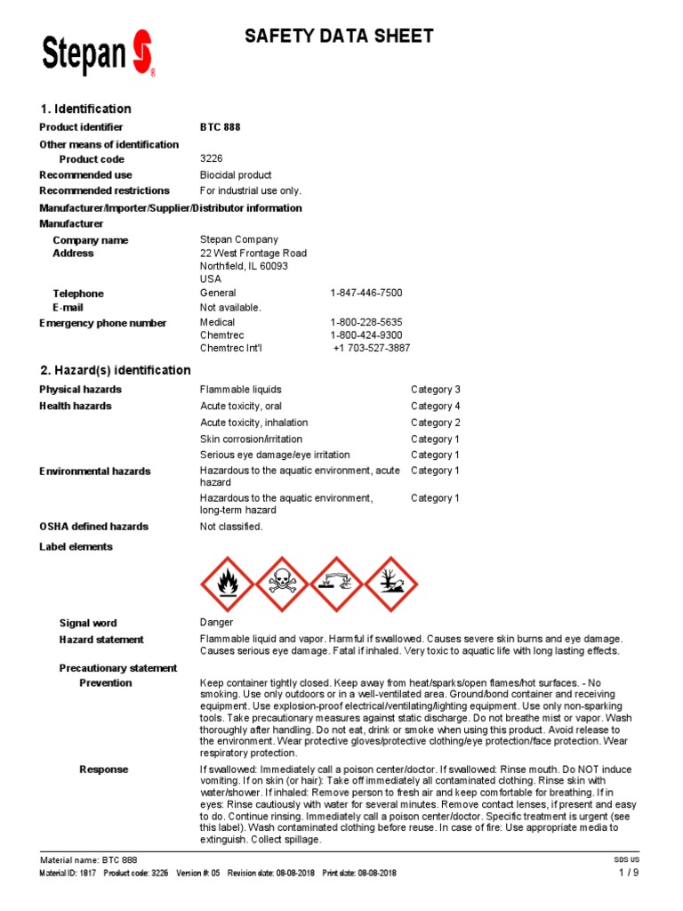 BTC 888 Safety Data Sheet | PDF | Dangerous Goods | Toxicity