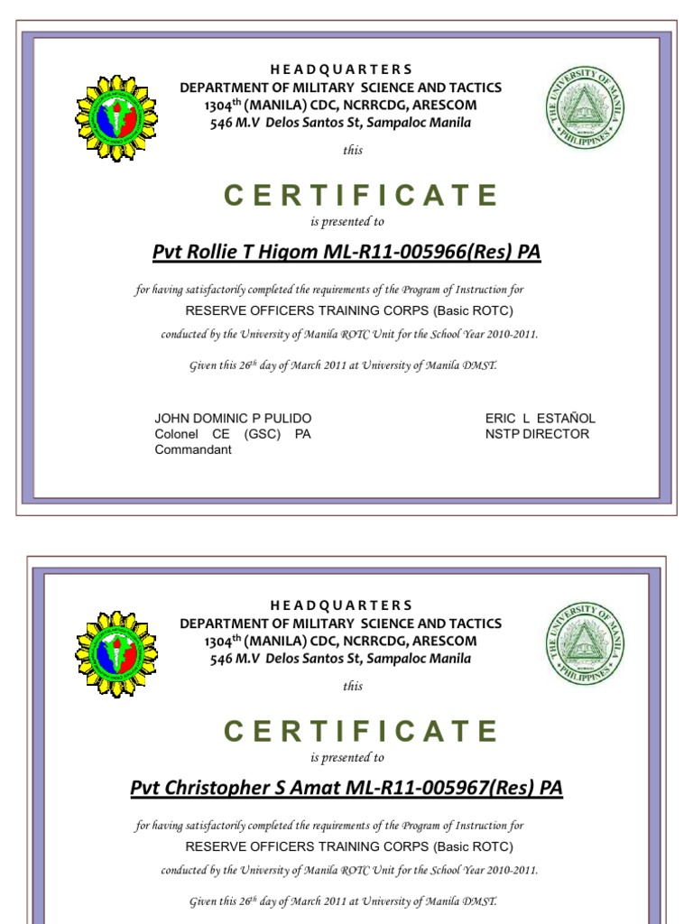Um Certificate | Reserve Officers' Training Corps | Corps