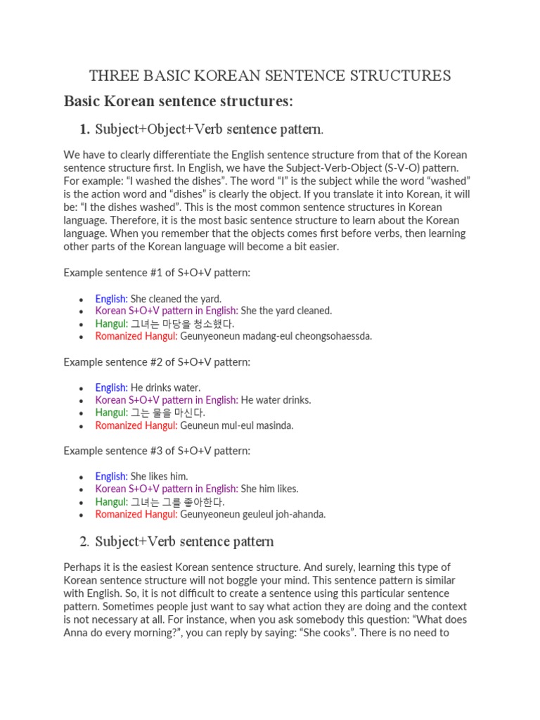 Three Basic Korean Sentence Structures | PDF | Korean Language | English Language