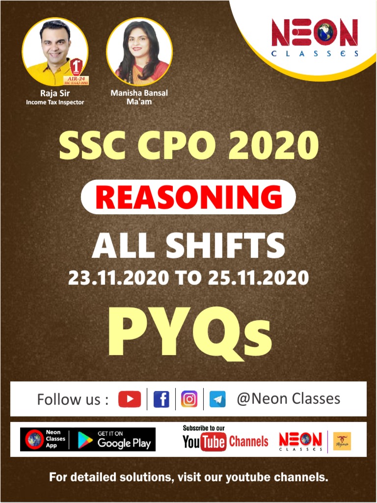 SSC CPO 2020 ALL 06 Sets 300 PYQ Reasoning NEON CLASSES | PDF ...