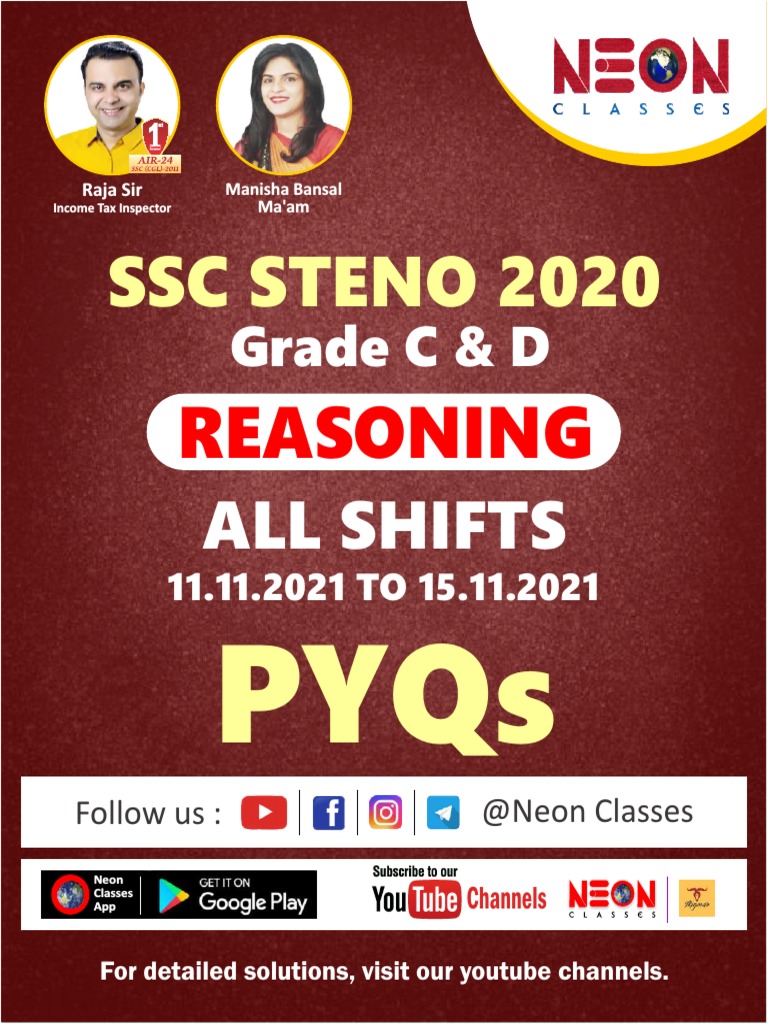 02 SSC STENOGRAPHER GRADE 'C'&'D' 2020 PYQs Reasoning NEON CLASSES | PDF