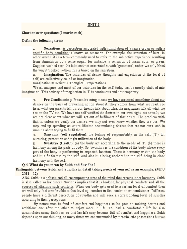 UHVPE Q&A Unit 2 | PDF | Senses | Thought