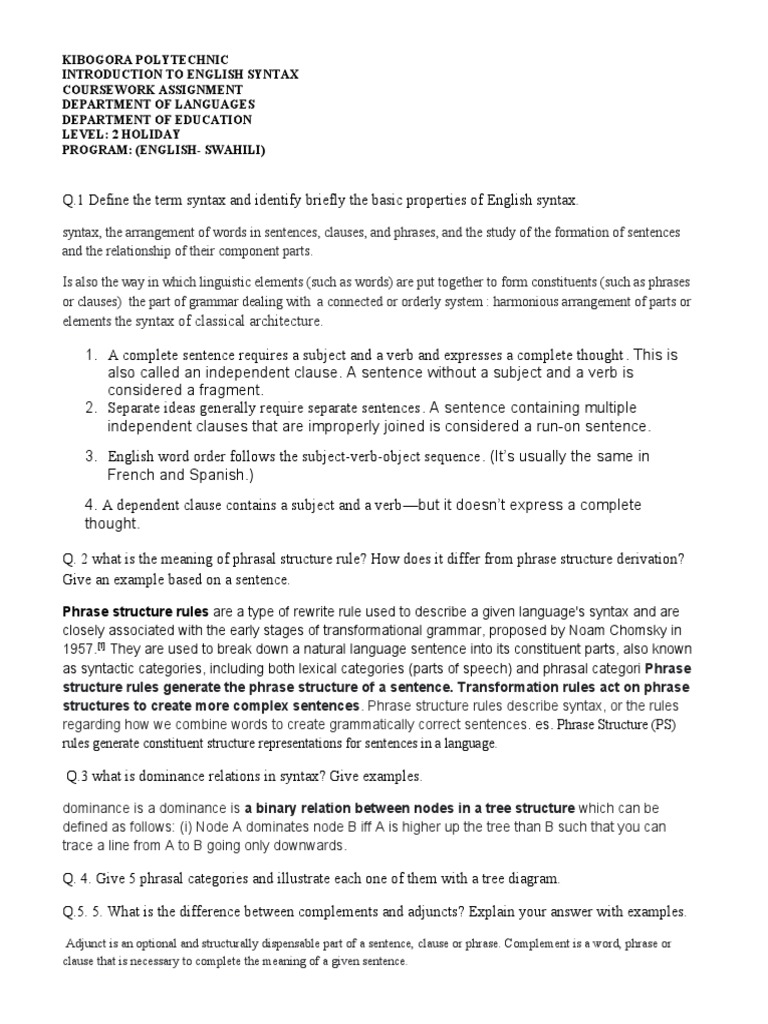 English Syntax Answers | PDF | Syntax | Phrase