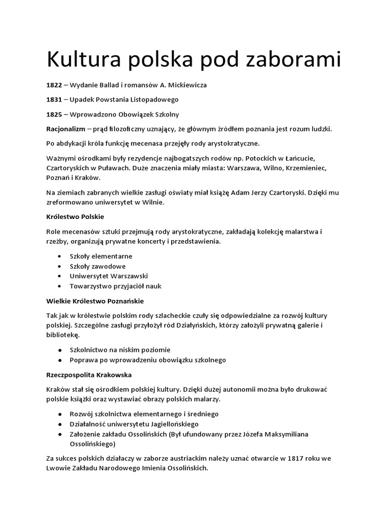 Kultura Polska Pod Zaborami | PDF