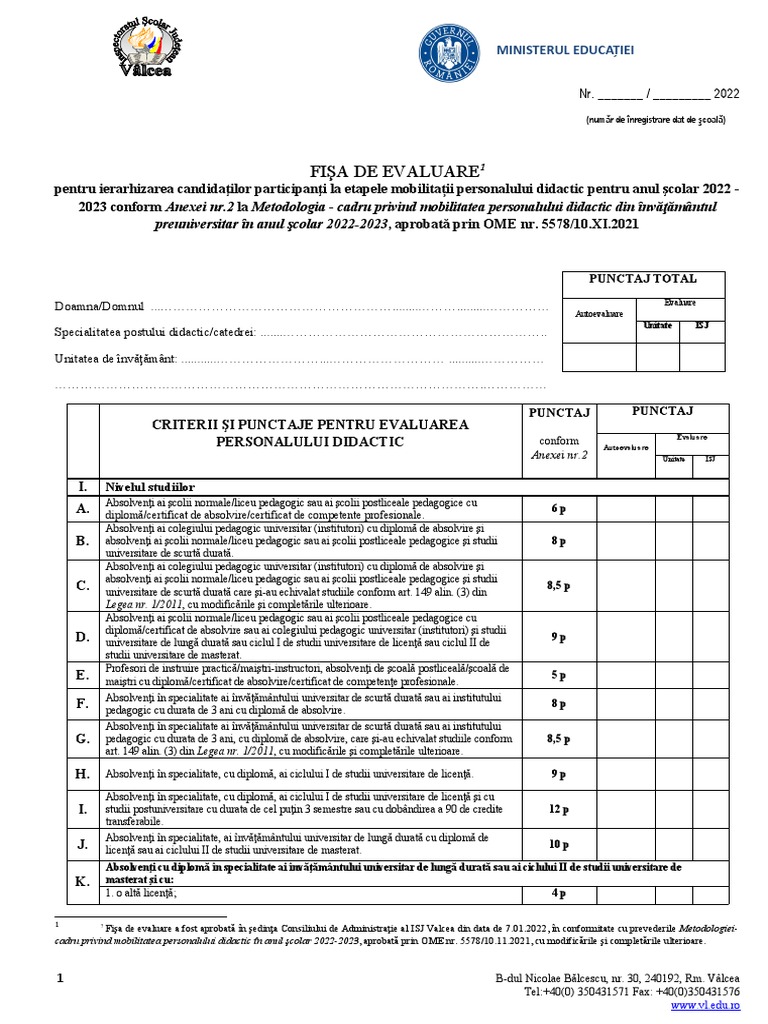 Fisa de Evaluare Mobilitate 2022 2023 | PDF