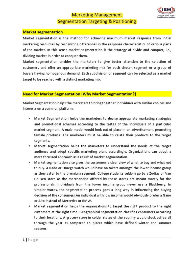 Study Material - Segmentation - Targeting - Positioning | PDF | Market ...