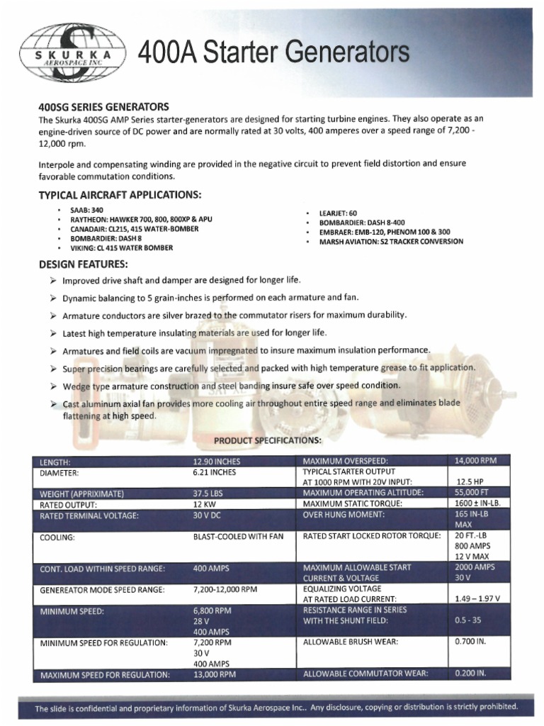Skurka 400A Starter Generators Data Sheet - 20161104 | PDF
